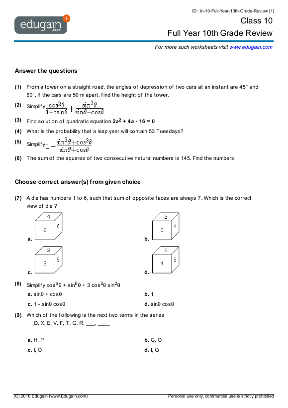 Grade 10 Math Worksheets And Problems Full Year 10th Grade Review 