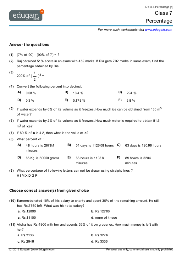 Grade 7 Math Worksheets And Problems Percentage Edugain Europe
