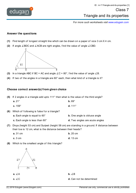 Year 7 Math Worksheets And Problems Triangle And Its Properties 