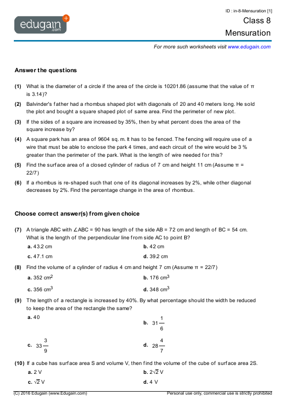 Class 8 Math Worksheets And Problems Mensuration Edugain India Class 8 Math Worksheets And Problems Mensuration Edugain India